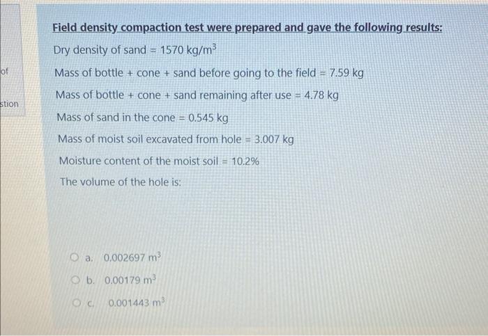 Solved Field density compaction test were prepared and gave | Chegg.com
