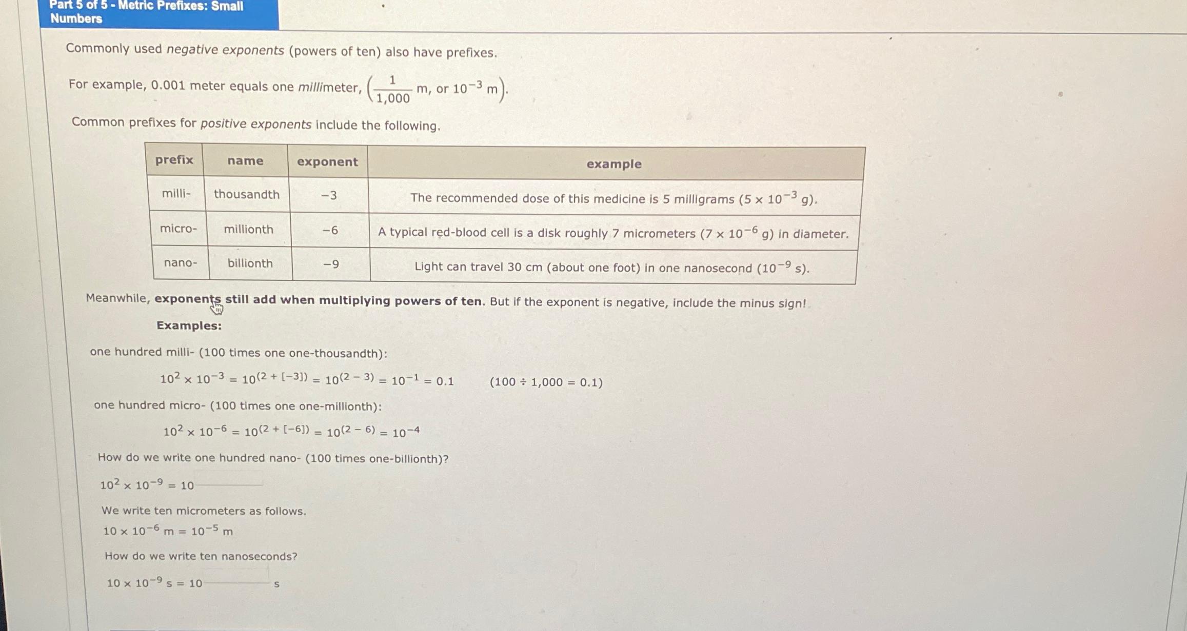 Solved Part 5 ﻿of 5 - ﻿Metric Prefixes: SmallNumbersCommonly | Chegg.com