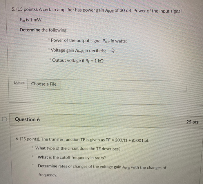 Solved 5. (15 points). A certain amplifier has power gain | Chegg.com