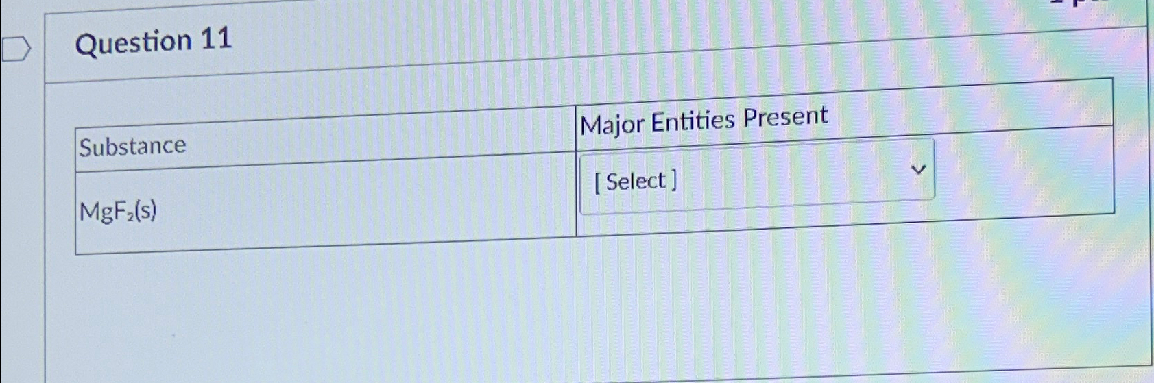 Solved Question 11\table[[Substance,Major Entities | Chegg.com