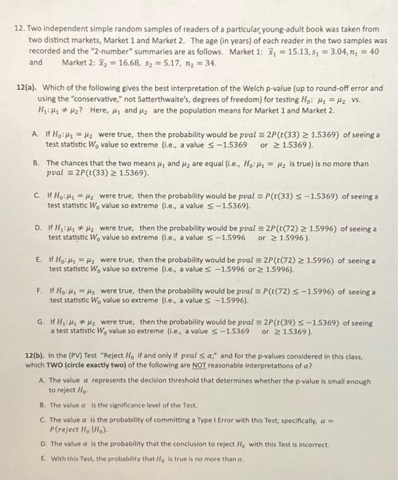 Solved 12. Two independent simple random samples of readers | Chegg.com
