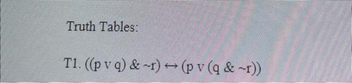 Solved Truth Tables: T1. ((p∨q)&∼r)↔(p∨(q&∼r)) | Chegg.com