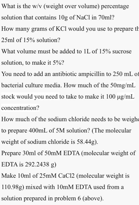Solved What is the w/v (weight over volume) percentage | Chegg.com