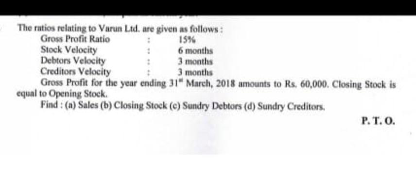 Solved The ratios relating to Varun Ltd. are given as | Chegg.com