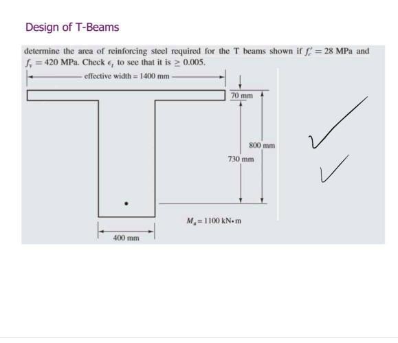 Solved Design of T-Beams determine the area of reinforcing | Chegg.com