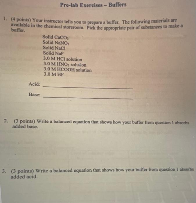 Solved Pre-lab Exercises - Buffers 1. (4 points) Your | Chegg.com