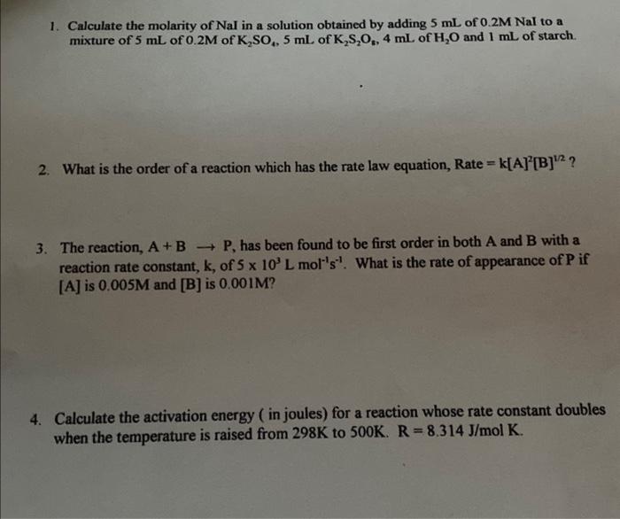Solved 1. Calculate the molarity of NaI in a solution | Chegg.com