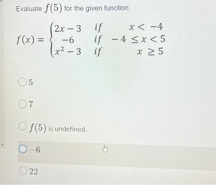 Solved Evaluate f(5) for the given function. | Chegg.com