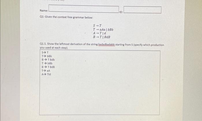 Solved Q1: Given the context free grammar below:Q1.2. | Chegg.com