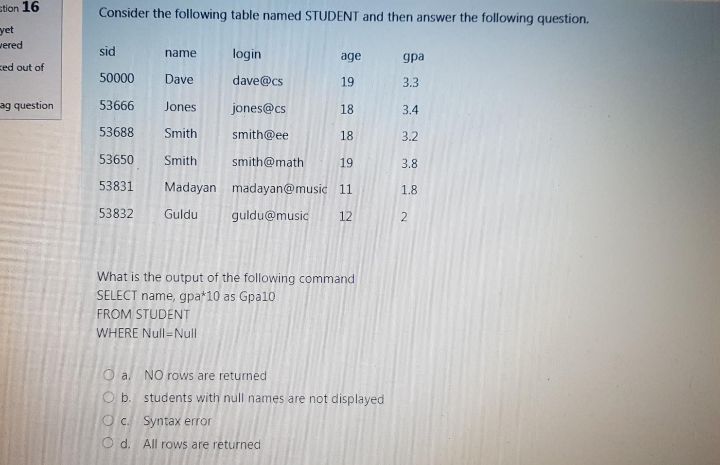 Solved stion 16 Consider the following table named STUDENT | Chegg.com