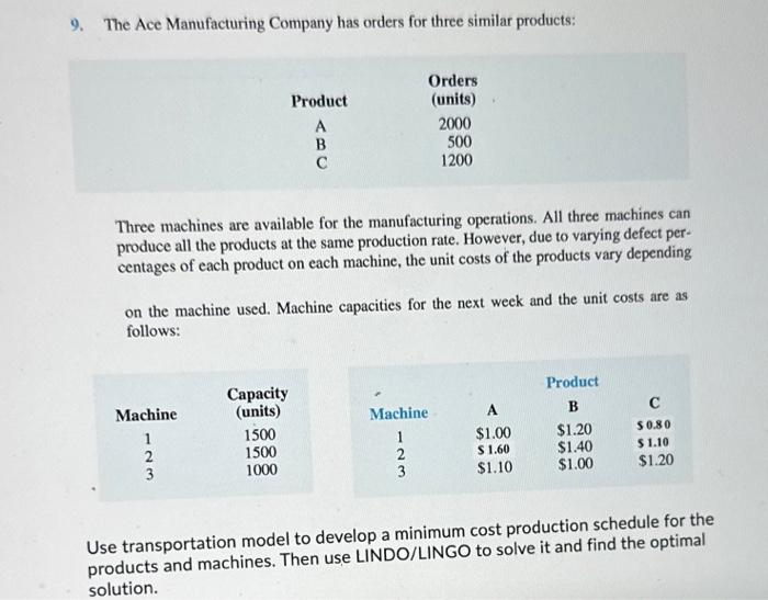 9. The Ace Manufacturing Company has orders for three | Chegg.com