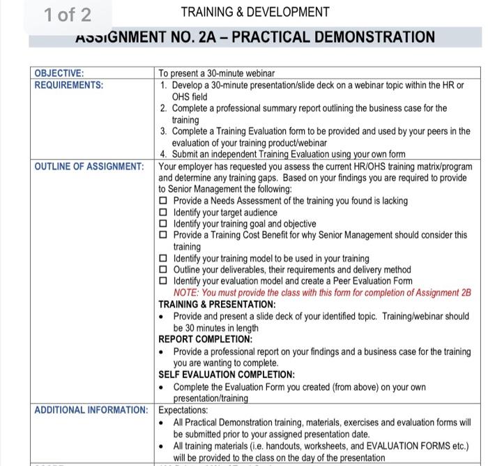1 of 2 TRAINING \& DEVELOPMENT AOOIGNMENT NO. 2A - | Chegg.com