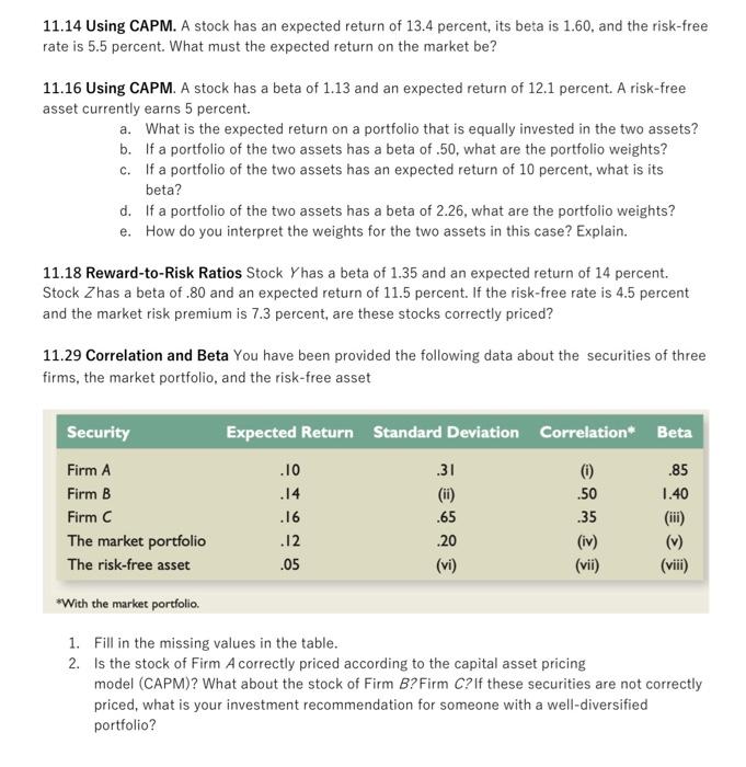 Solved 11.14 Using CAPM. A stock has an expected return of | Chegg.com