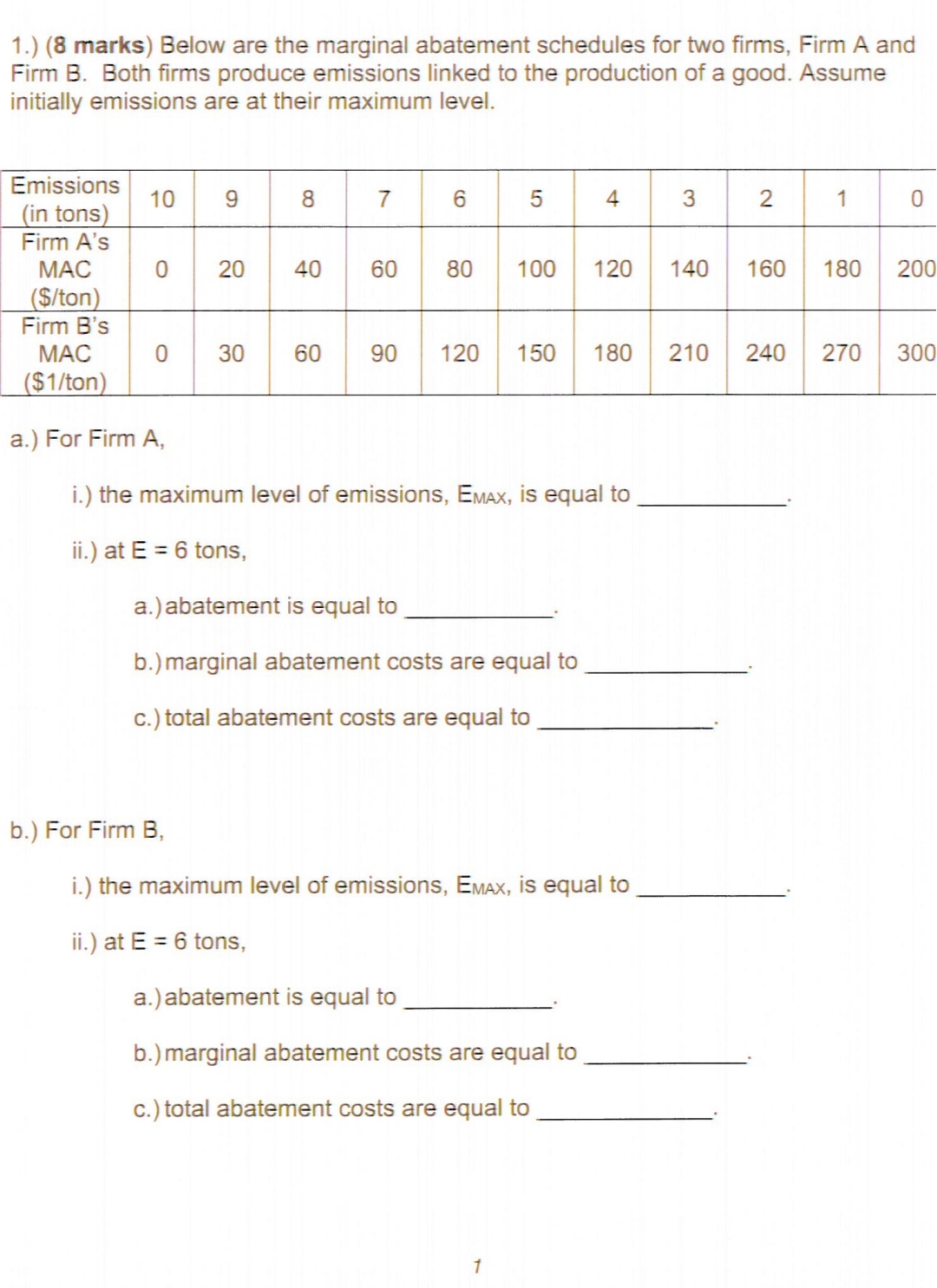 Solved 1.) ( 8 ﻿marks) ﻿Below are the marginal abatement | Chegg.com
