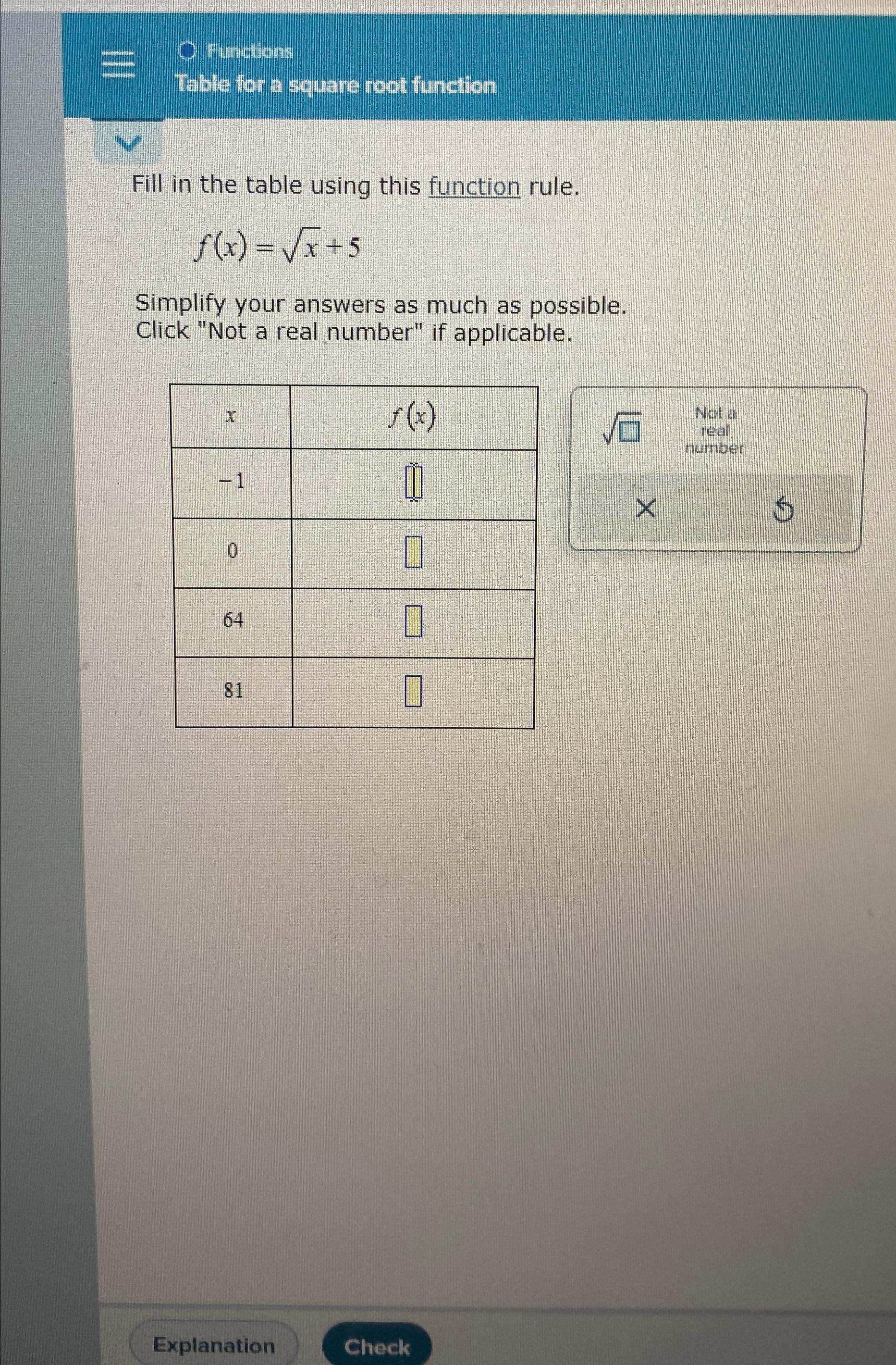 Solved FunctionsTable for a soure root fundionFill in the | Chegg.com