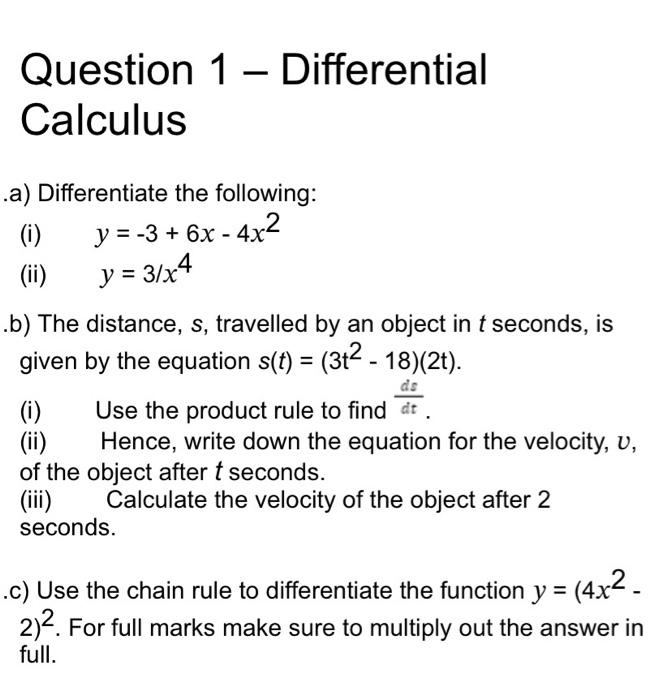 Solved Question 1 - Differential Calculus .a) Differentiate | Chegg.com