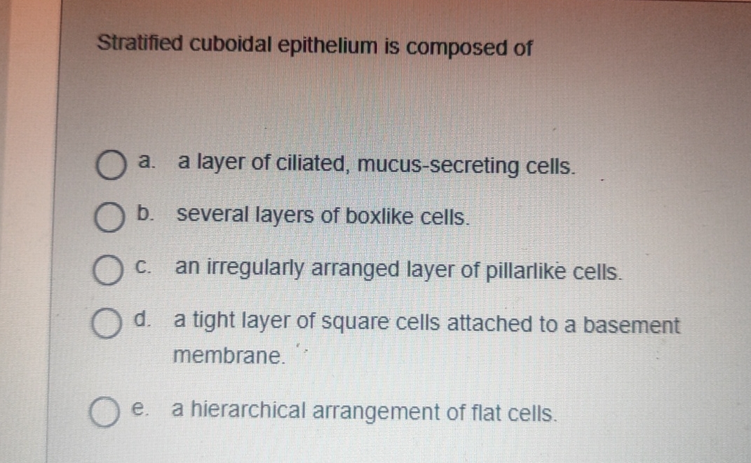 Solved Stratified cuboidal epithelium is composed ofa. ﻿a | Chegg.com