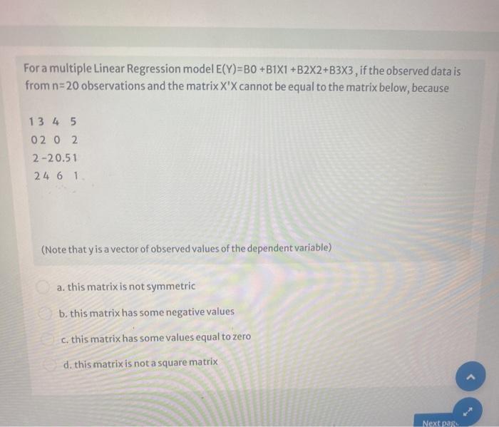 Solved For a multiple Linear Regression model E(Y)=BO+B1X1 | Chegg.com