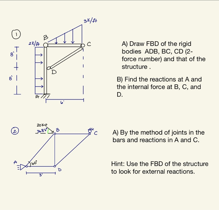 Solved 3k/ft B 2K/A с T 8 A) Draw FBD of the rigid bodies | Chegg.com