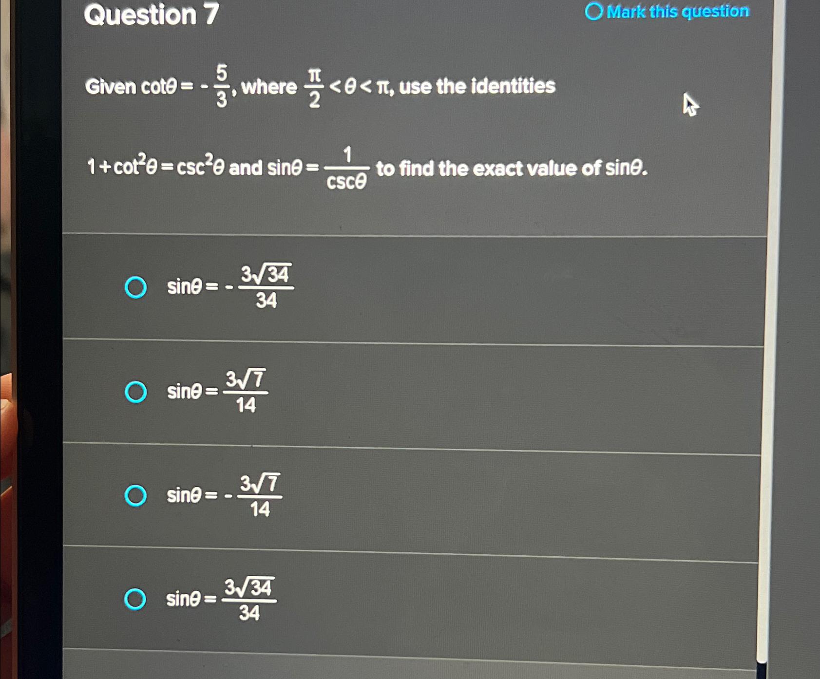 Solved Question 7Mark this questionGiven cotθ=-53, ﻿where | Chegg.com