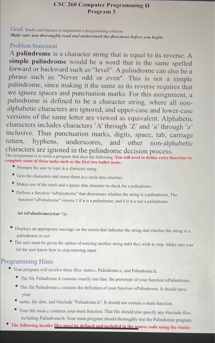Solved CSC 260 Computer Programming II Program 3 Goal Stack | Chegg.com