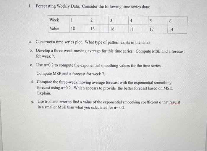 Solved 1. Forecasting Weekly Data. Consider the following | Chegg.com