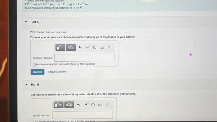 Solved Ti3(aq)+2Cr2+(aq)→Tl+(aq)+2Cr3+(aq) has a measured | Chegg.com
