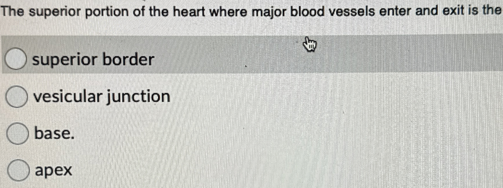 Solved The superior portion of the heart where major blood | Chegg.com