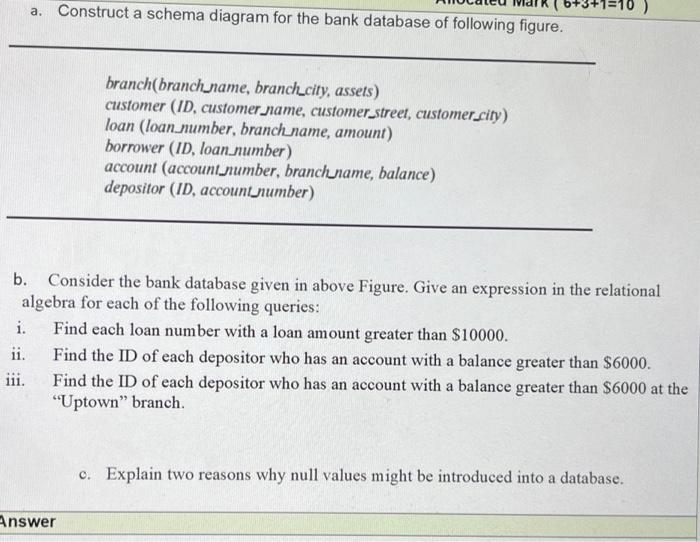 Solved a. Construct a schema diagram for the bank database | Chegg.com