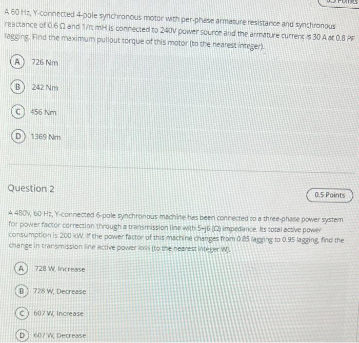 Solved A 60 Hz, Y-connected 4-pole synchronous motor with | Chegg.com