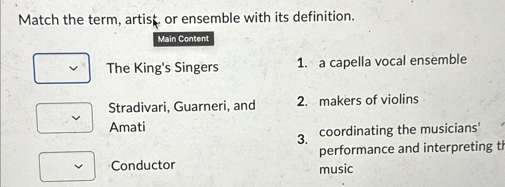 Solved Match the term, artist or ensemble with its | Chegg.com