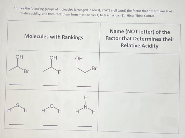 Solved 10. For the following groups of molecules (arranged | Chegg.com