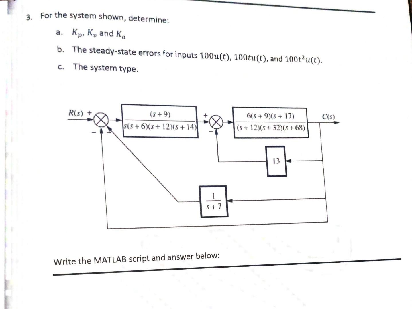 Solved 3. For the system shown, determine: a. Kp,Kv and Ka | Chegg.com