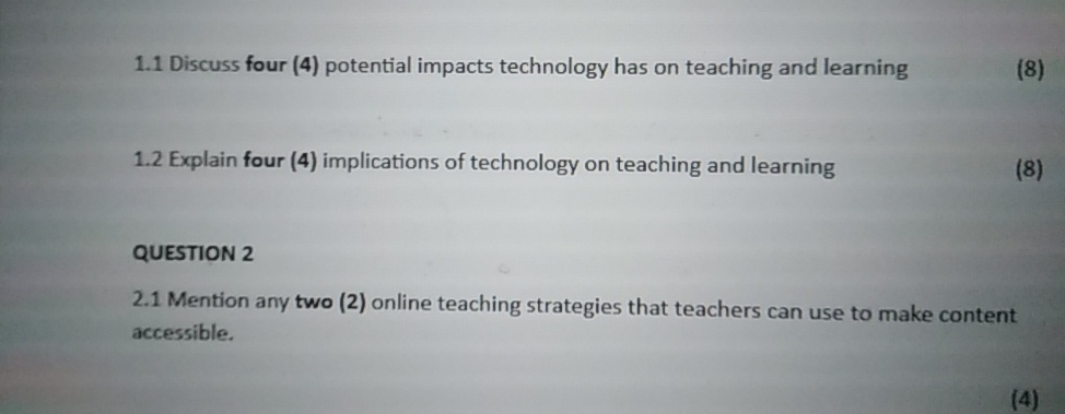 Solved 1.1 ﻿Discuss four (4) ﻿potential impacts technology | Chegg.com