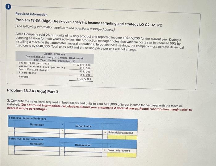 Solved Required information Problem 18-3A (Algo) Break-even | Chegg.com