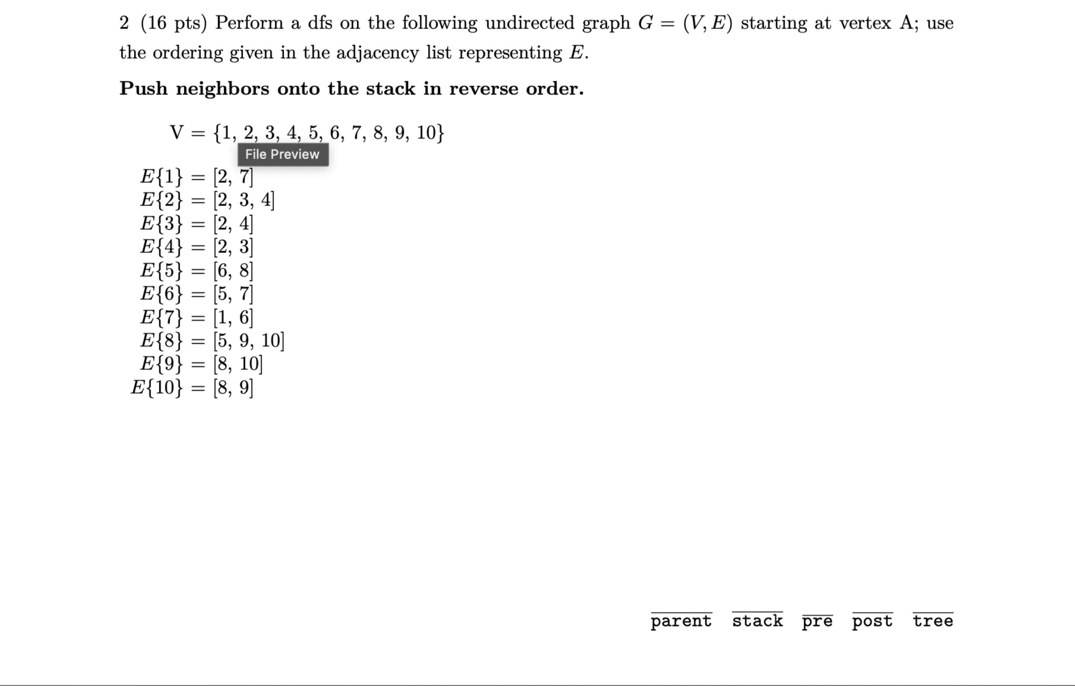 Solved 2 (16 ﻿pts) ﻿Perform a dfs on the following | Chegg.com