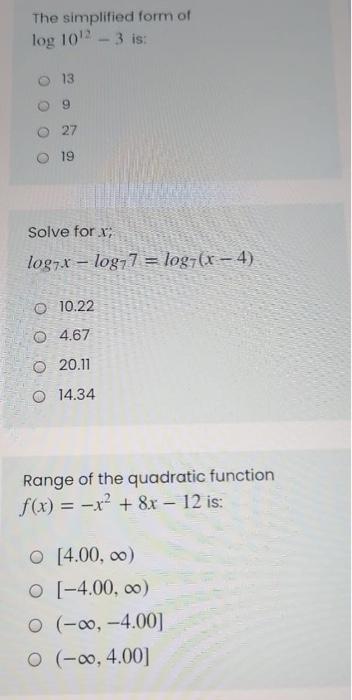 Solved The simplified form of log 10 - 3 is: 0 13 9 O 27 19 | Chegg.com
