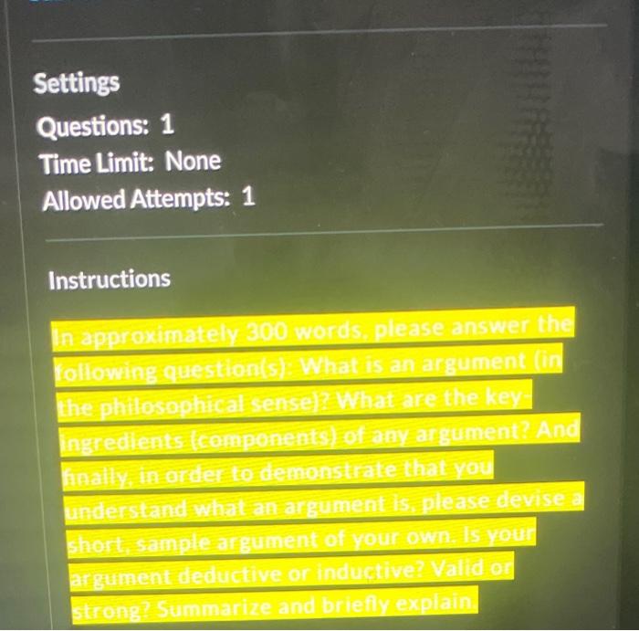Settings Questions: 1 Time Limit: None Allowed | Chegg.com