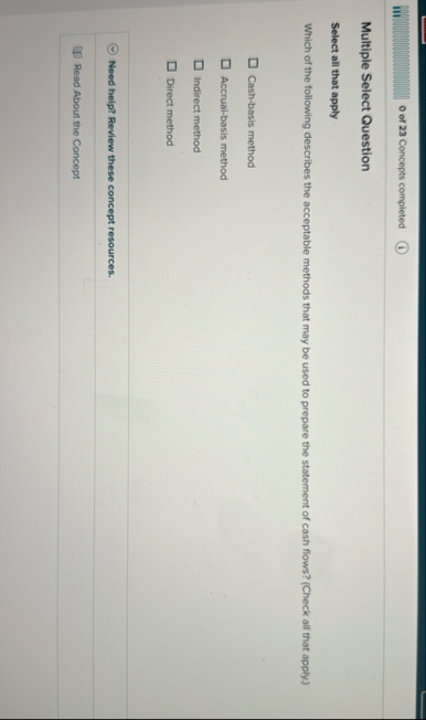 Solved 0 ﻿of 23 ﻿Concepts completedMultiple Select | Chegg.com