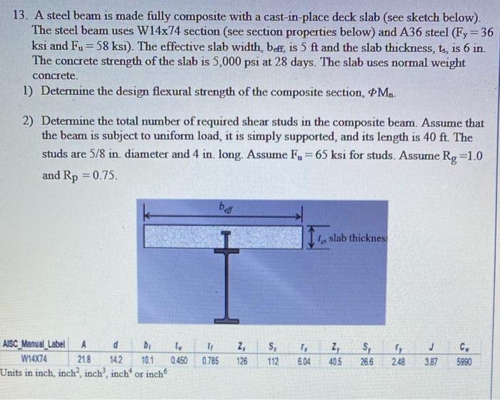Solved 13. A steel beam is made fully composite with a | Chegg.com