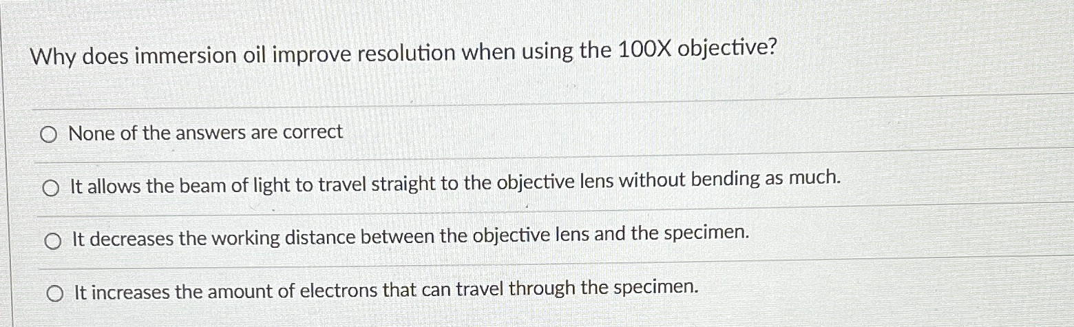 Solved Why does immersion oil improve resolution when using | Chegg.com