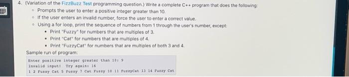 Solved 4. (Variation of the FizzBuzz Test programming | Chegg.com