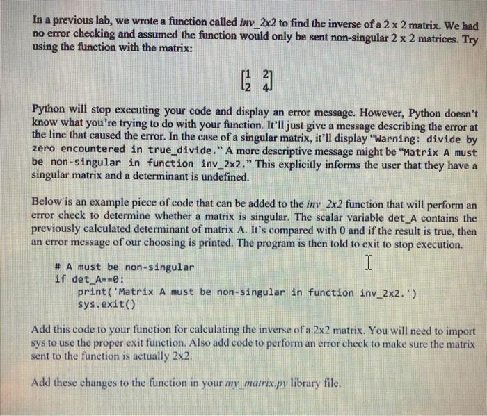 Solved def inv_2x2(A): import numpy as np # Find number of | Chegg.com