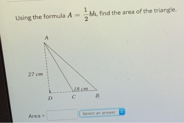 Solved Using the formula A = bh, find the area of the | Chegg.com