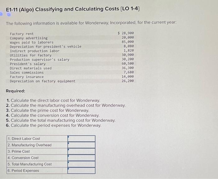 Solved E1-11 (Algo) Classifying and Calculating Costs [LO | Chegg.com