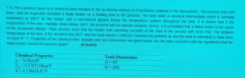 Solved 7:15 ﻿PM a process upset at a chemical plant resulted | Chegg.com
