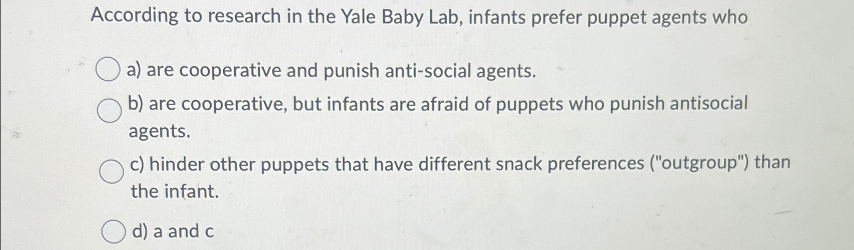 Solved According to research in the Yale Baby Lab, infants | Chegg.com