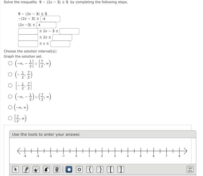 Solved Solve the inequality 9−∣2x−3∣≥5 by completing the | Chegg.com
