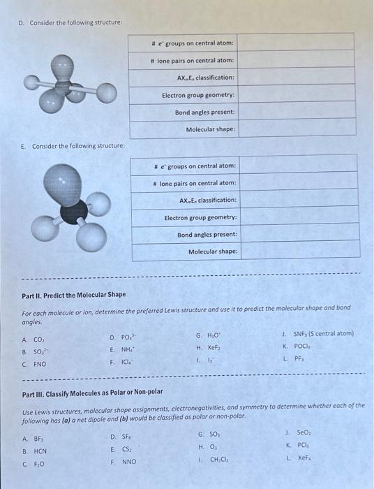 Solved Part I. Classify the Structures Using VSEPR Theory A. | Chegg.com