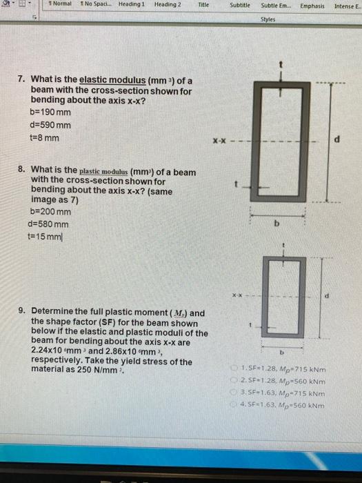 Solved Styles 1. What is the elastic modulus (mm ) of a beam | Chegg.com
